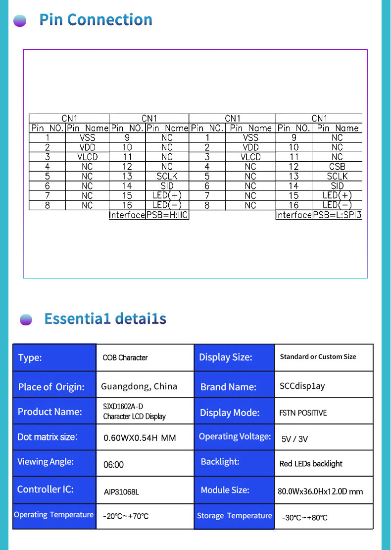 16x2 LCD Display Module For Arduino Spec Sheet-IIC